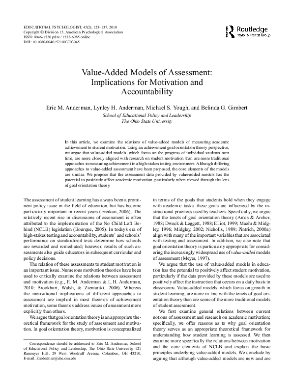 (PDF) Value-Added Models of Assessment: Implications for Motivation and Accountability