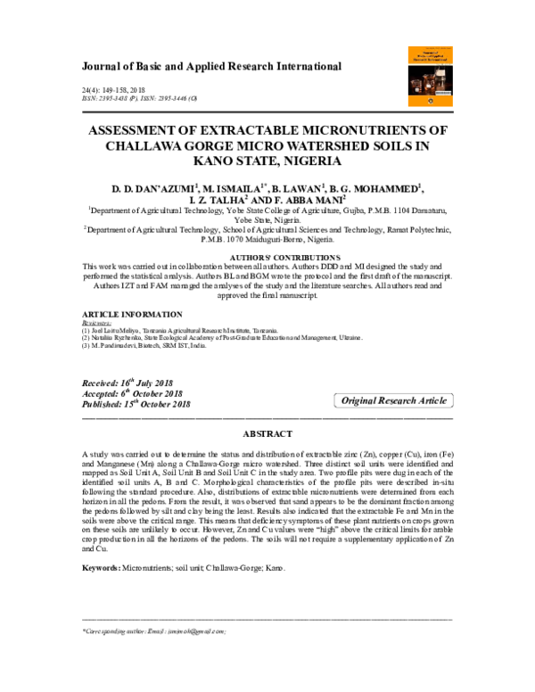 (PDF) Assessment of Extractable Micronutrients of Challawa Gorge Micro ...