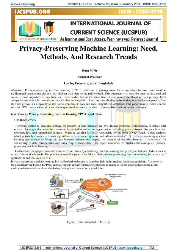 (PDF) Privacy-Preserving Machine Learning: Need, Methods, And Research Trends