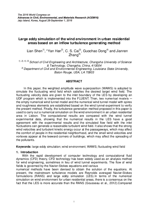 Pdf Large Eddy Simulation Of The Wind Environment In Urban Residential Areas Based On An