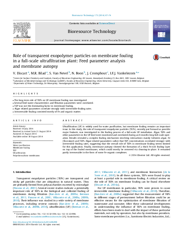 (PDF) Role of transparent exopolymer particles on membrane fouling in a ...