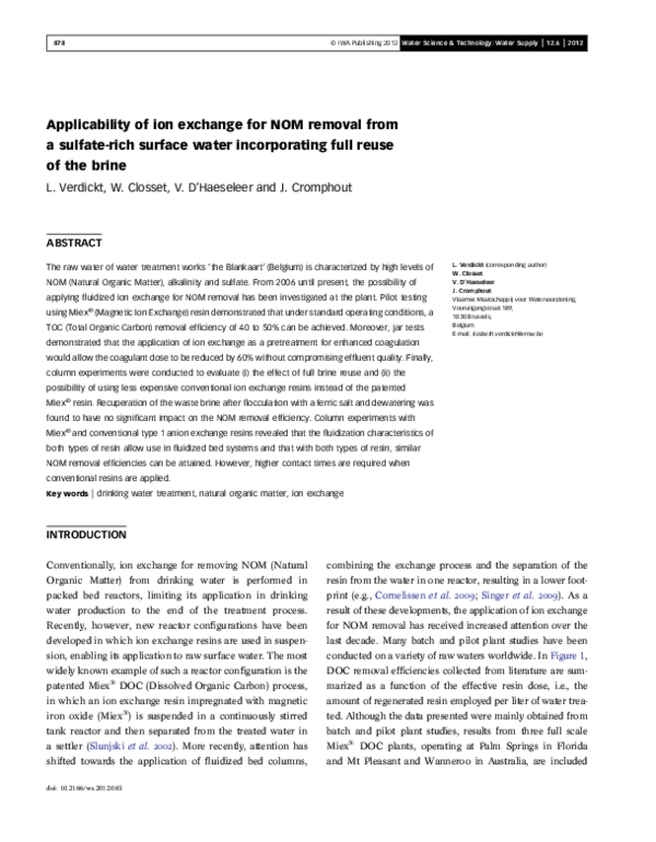 (PDF) Applicability of ion exchange for NOM removal from a sulfate-rich surface water ...