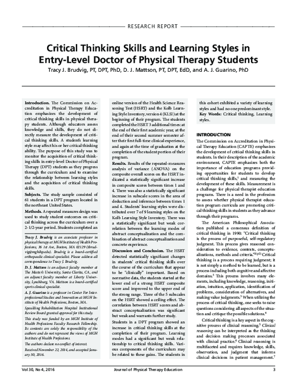 (PDF) Critical Thinking Skills and Learning Styles in Entry-Level ...