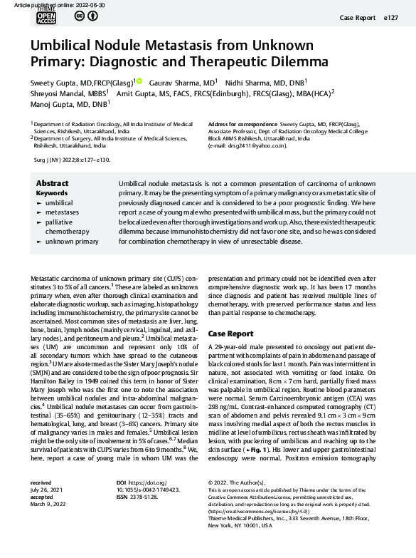 (PDF) Umbilical Nodule Metastasis from Unknown Primary: Diagnostic and ...