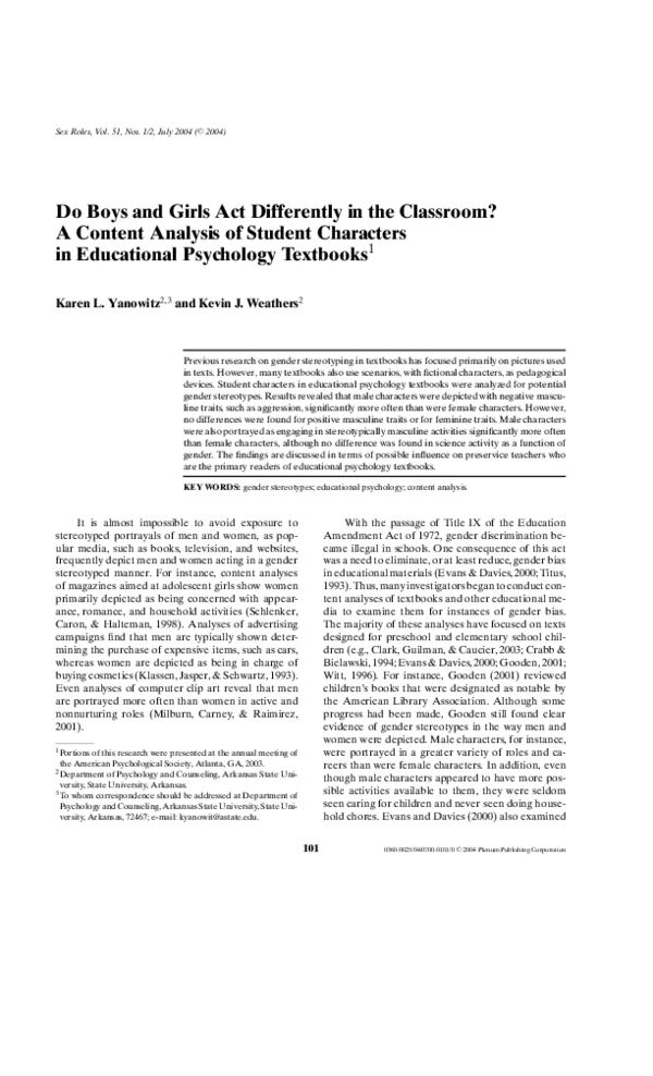 (PDF) Do Boys and Girls Act Differently in the Classroom? A Content ...