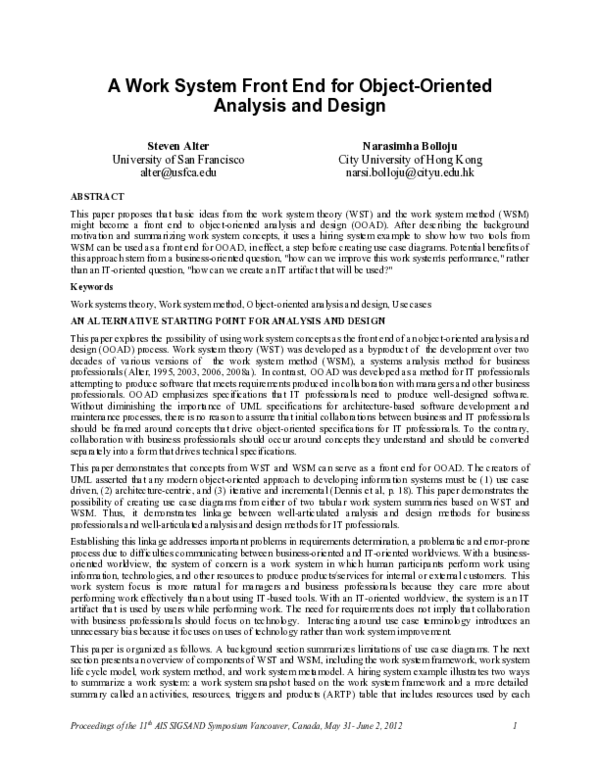 (PDF) A Work System Front End for Object-Oriented Analysis and Design