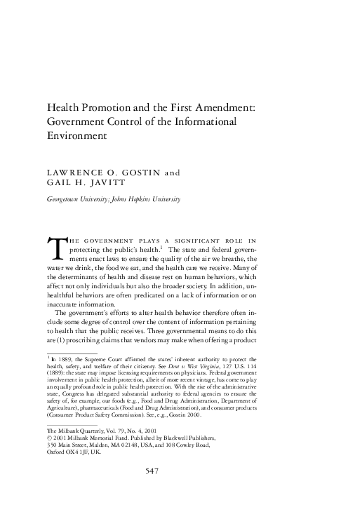 (PDF) Health Promotion and the First Amendment: Government Control of ...