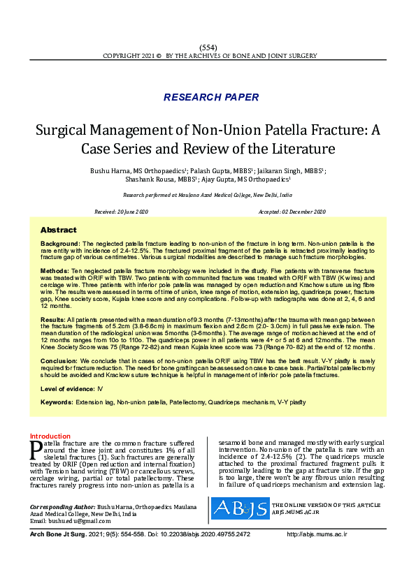 (PDF) Surgical Management of Non-Union Patella Fracture: A Case Series ...