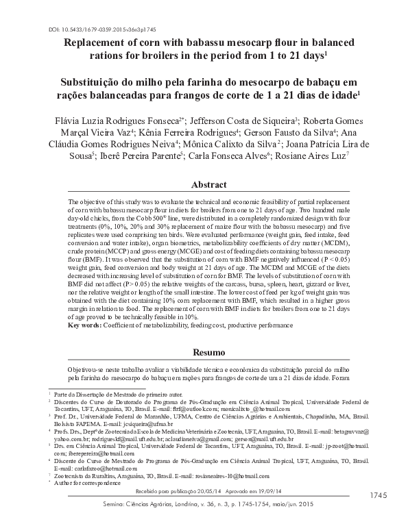 (PDF) Replacement of corn with babassu mesocarp flour in balanced ...