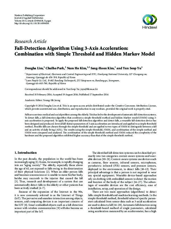 Pdf Fall Detection Algorithm Using 3 Axis Acceleration Combination With Simple Threshold And