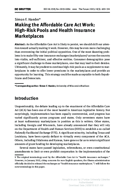 (PDF) Making the Affordable Care Act Work: High-Risk Pools and Health ...