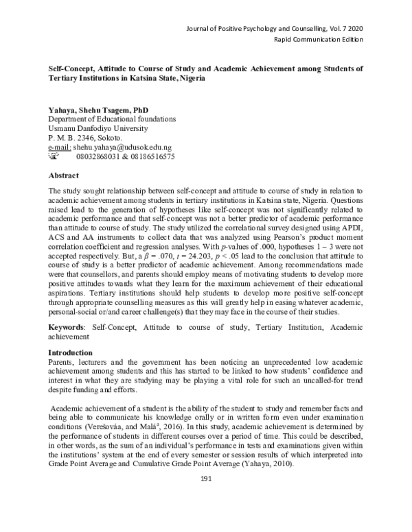 (PDF) Self-Concept, Attitude to Course of Study and Academic Achievement among Students of ...