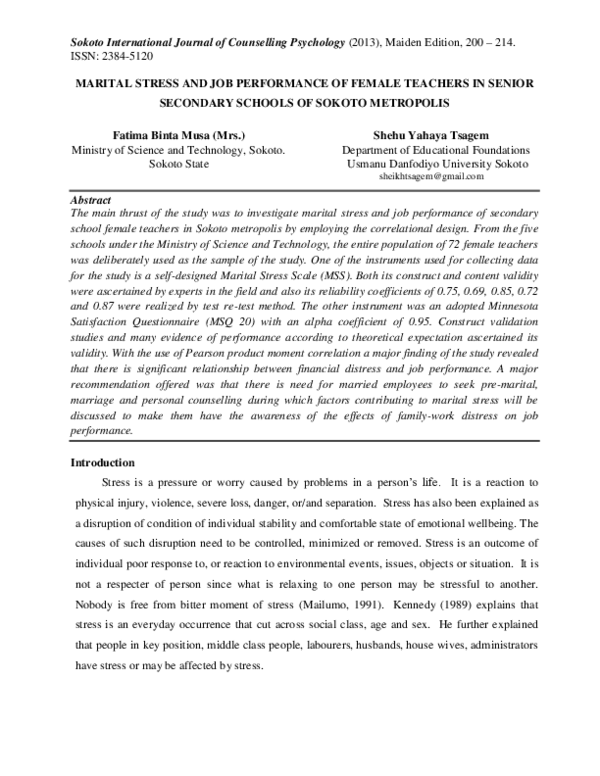 (PDF) MARITAL STRESS AND JOB PERFORMANCE OF FEMALE TEACHERS IN SENIOR SECONDARY SCHOOLS OF ...