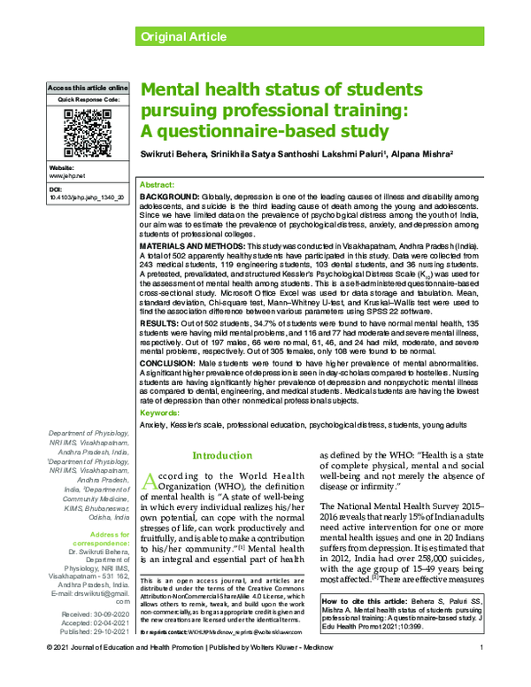 (PDF) Mental health status of students pursuing professional training ...