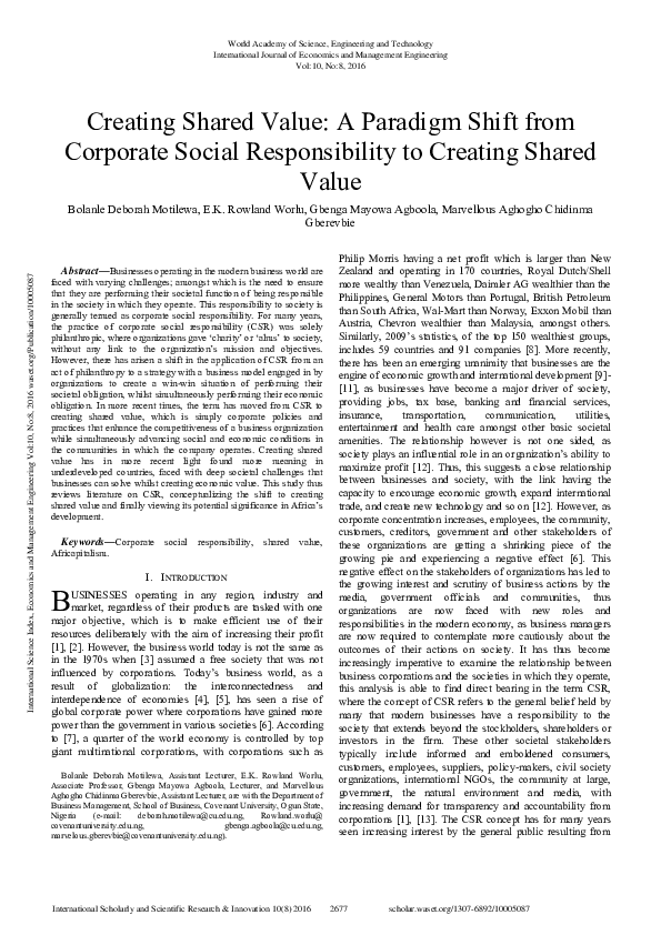 (PDF) Creating Shared Value: A Paradigm Shift From Corporate Social Responsibility To Creating ...