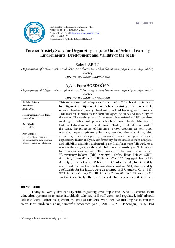 (PDF) Teacher Anxiety Scale for Organizing Trips to Out-of-School ...