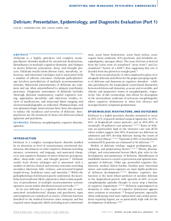 (PDF) Delirium: presentation, epidemiology, and diagnostic evaluation (part 1)