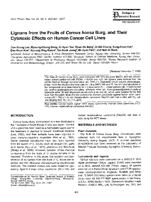 (PDF) Lignans from the fruits of cornus kousa burg. and their cytotoxic ...