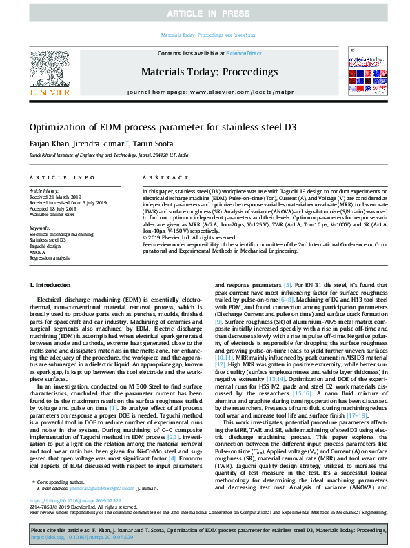 (PDF) Optimization of EDM process parameter for stainless steel D3