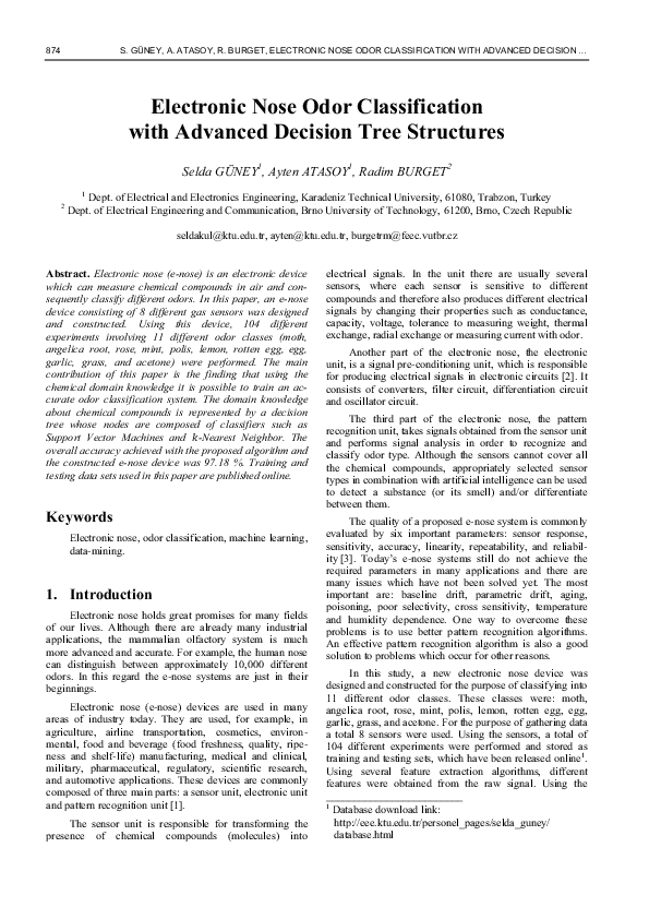 (PDF) Electronic Nose Odor Classification with Advanced Decision Tree Structures
