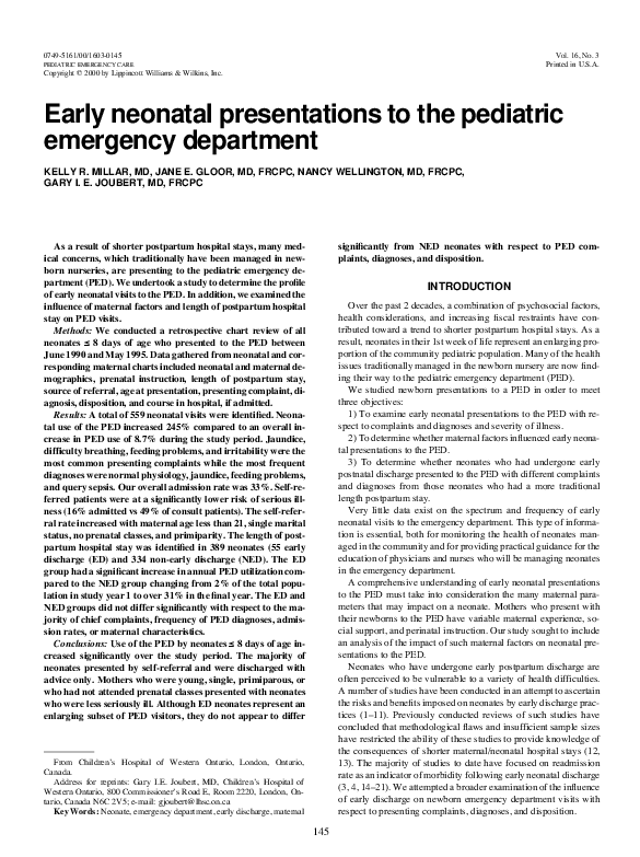 (PDF) Early neonatal presentations to the pediatric emergency department
