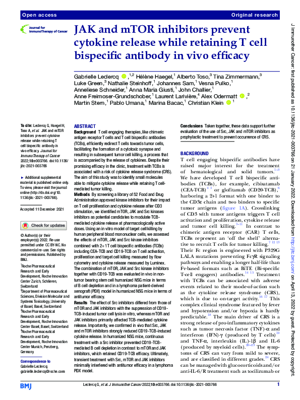 (PDF) JAK and mTOR inhibitors prevent cytokine release while retaining ...