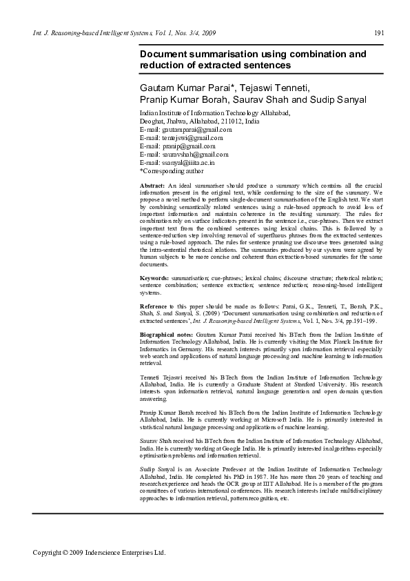 (PDF) Document summarisation using combination and reduction of ...