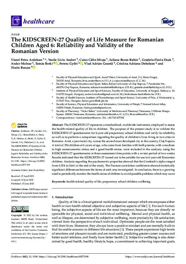 (PDF) The KIDSCREEN-27 Quality of Life Measure for Romanian Children ...