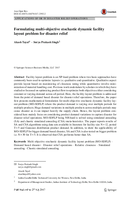 (PDF) Formulating multi-objective stochastic dynamic facility layout problem for disaster relief