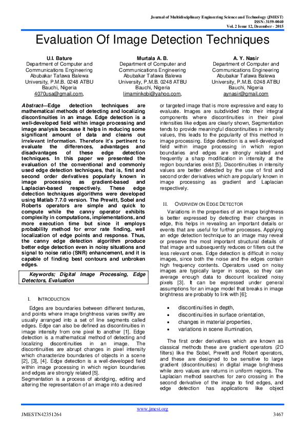 (PDF) Evaluation Of Image Detection Techniques | Nasir Yakub - Academia.edu