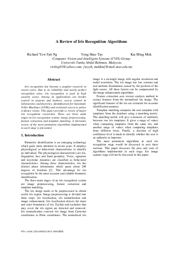 Pdf A Review Of Iris Recognition Algorithms