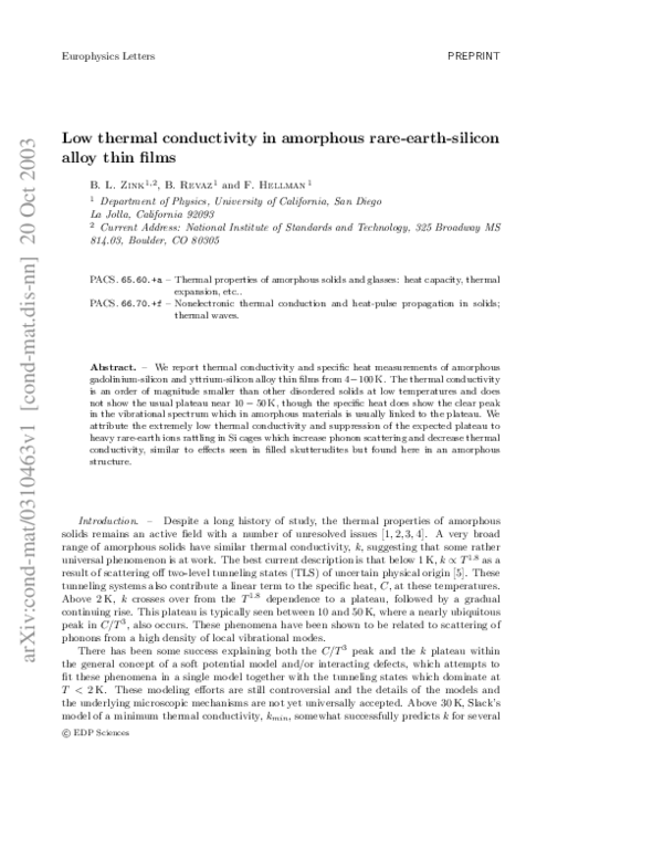 (PDF) Low thermal conductivity in amorphous rare-earth-silicon alloy ...