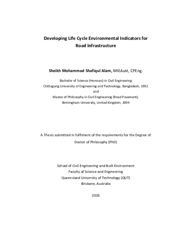 (PDF) Developing life cycle environmental indicators for road ...