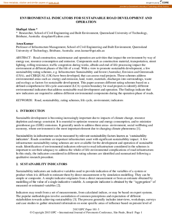 (PDF) Environmental indicators for sustainable road development and operation