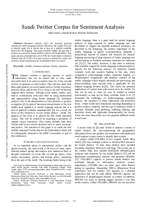(PDF) Saudi Twitter Corpus For Sentiment Analysis