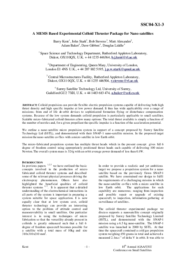 (PDF) A MEMS Based Experimental Colloid Thruster Package for Nano ...