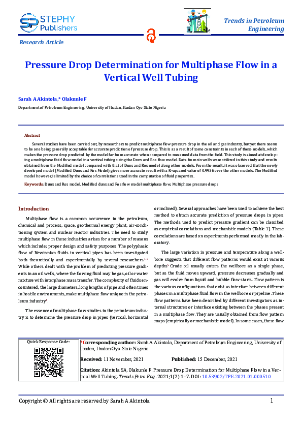 Pdf Pressure Drop Determination For Multiphase Flow In A Vertical Well Tubing