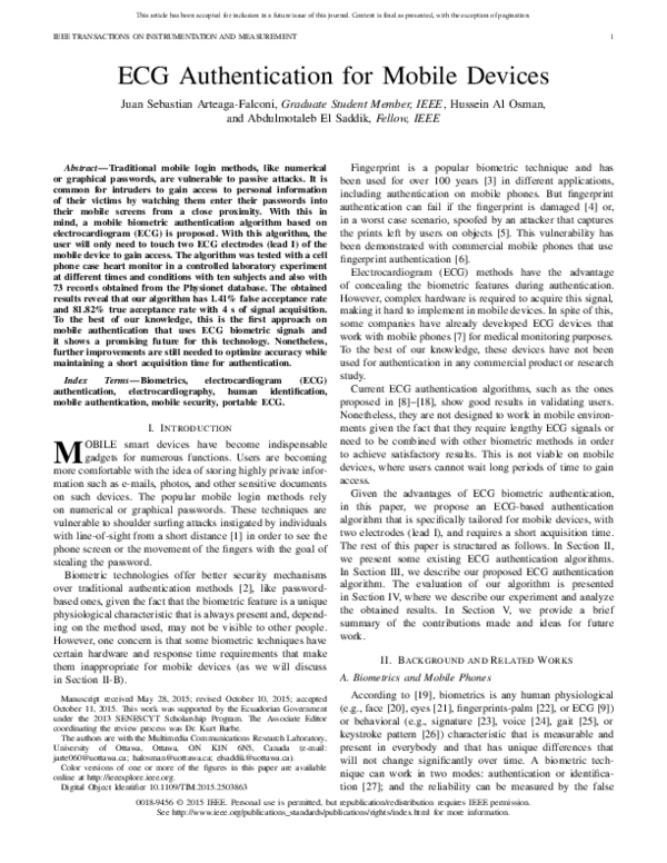 (PDF) ECG Authentication for Mobile Devices