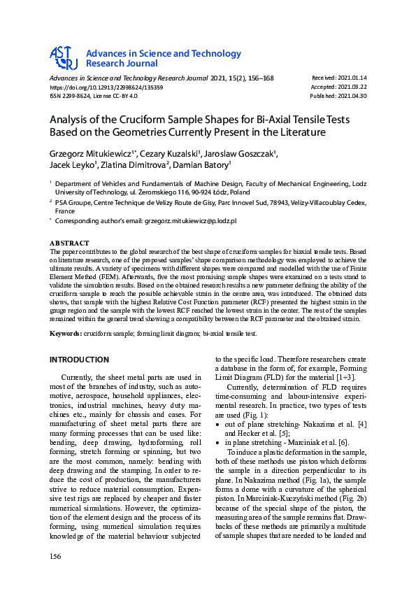 (PDF) Analysis of the Cruciform Sample Shapes for Bi-Axial Tensile ...