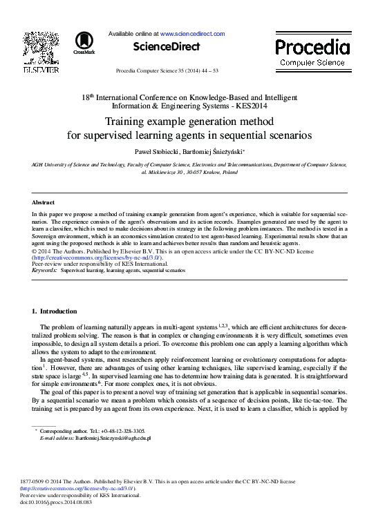 (PDF) Training Example Generation Method for Supervised Learning Agents in Sequential Scenarios