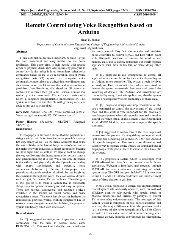(PDF) Remote Control using Voice Recognition based on Arduino | Jinan N ...