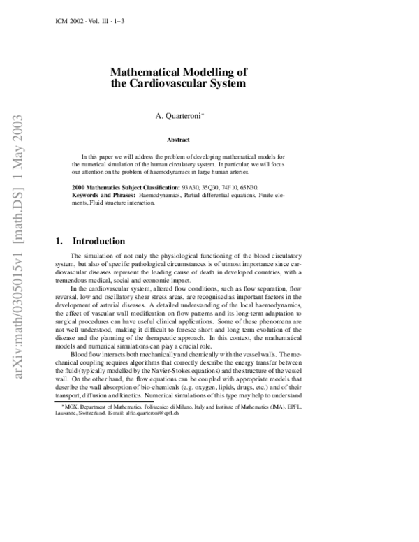(PDF) Mathematical modelling of the cardiovascular system