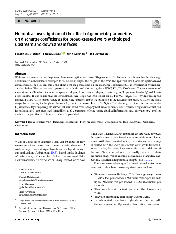 (PDF) Numerical investigation of the effect of geometric parameters on discharge coefficients ...