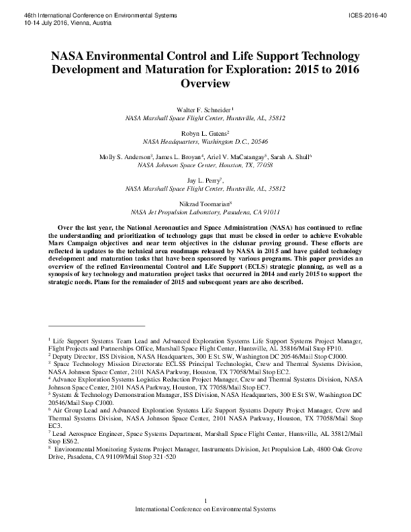 (PDF) NASA Environmental Control and Life Support Technology ...