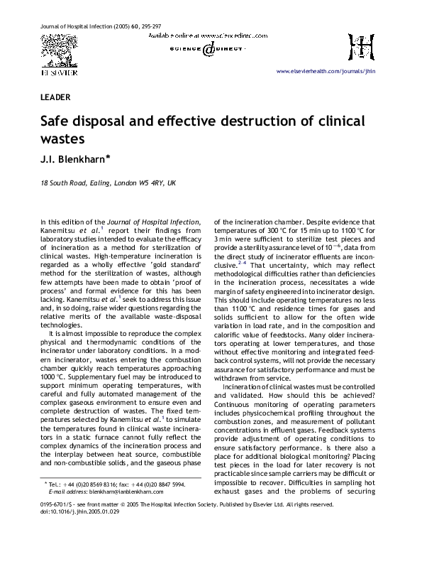 (PDF) Safe disposal and effective destruction of clinical wastes