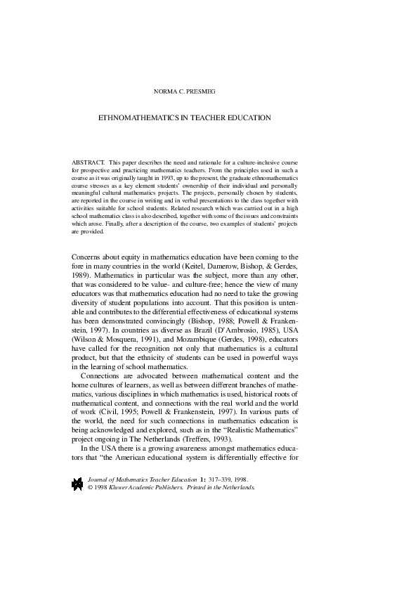 (PDF) Ethnomathematics in Teacher Education