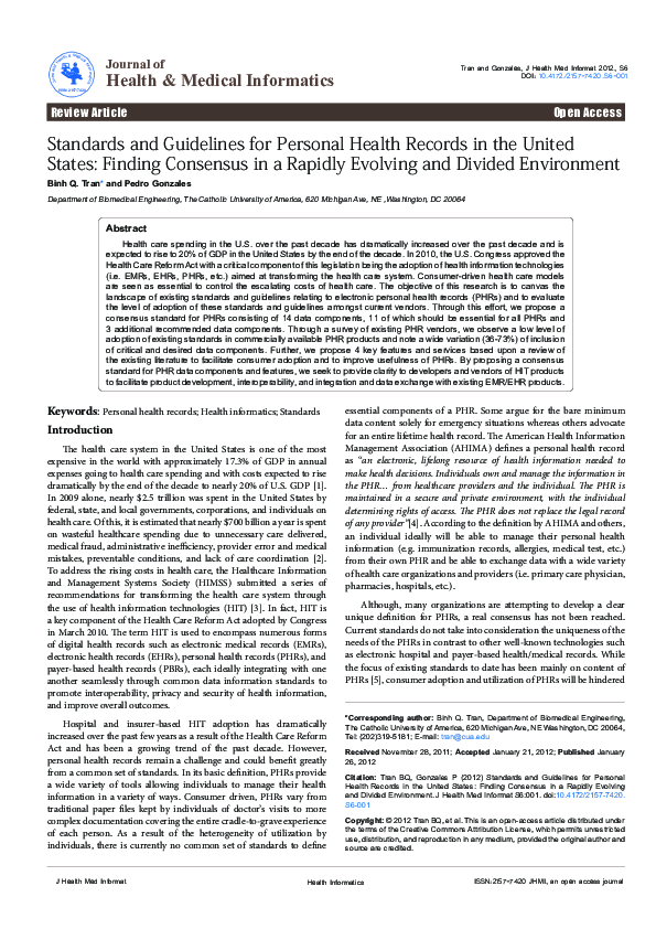 (PDF) Standards and Guidelines for Personal Health Records in the ...