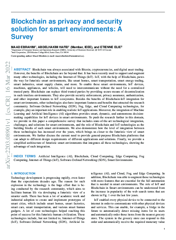 Pdf Blockchain As Privacy And Security Solution For Smart Environments A Survey