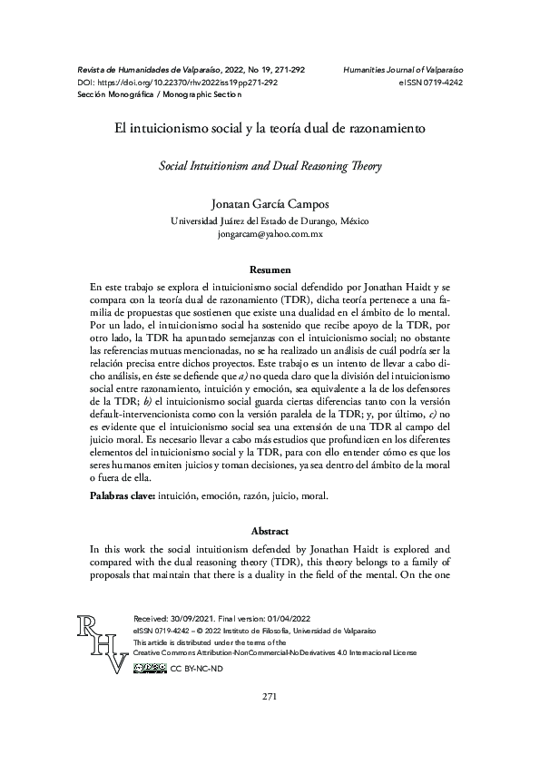 (PDF) El intuicionismo social y la teoría dual de razonamiento