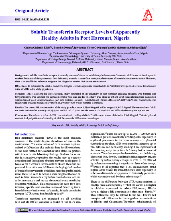 (PDF) Soluble Transferrin Receptor levels of Apparently Healthy Adults ...